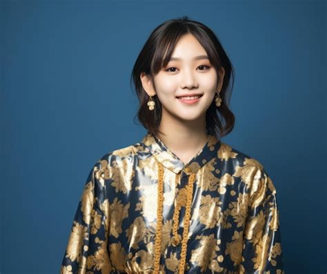 Retrato De Una Joven Japonesa Con Detalles Dorados De Estilo Batik Acentos De Elegancia Y