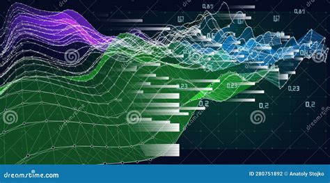 Abstract Background Color Graph Wavy Whit Blurred Data Lines On Dark Technology Wireframe