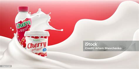 체리 요구르트 광고 브랜드 항아리와 밝은 배경에 병 우유 스플래시 상업 제품 모의업 벡터 현실적인 그림 야쿠르트에 대한 스톡