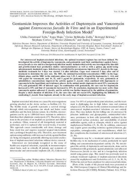 Pdf Gentamicin Improves The Activities Of Daptomycin And Vancomycin Against Enterococcus