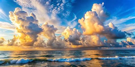 Cumulus And Stratocumulus Clouds Over Ocean At Sunset Stock