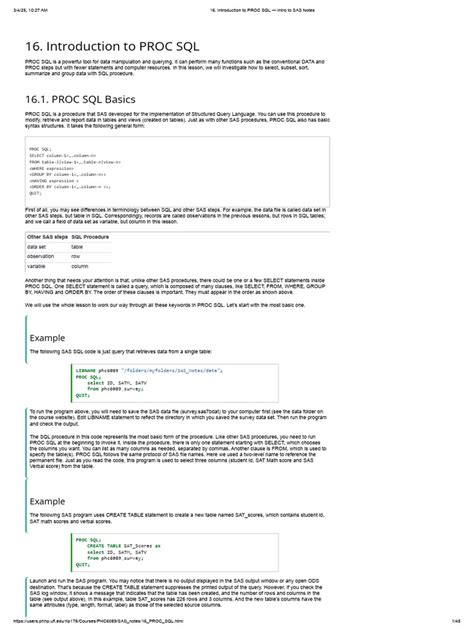16 introduction to proc sql — intro to sas notes pdf sas software