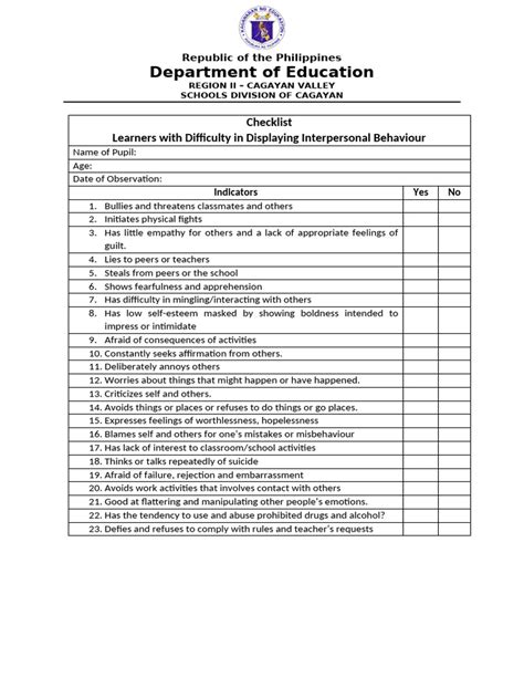 Checklist For Learners With Difficulty In Displaying Interpersonal