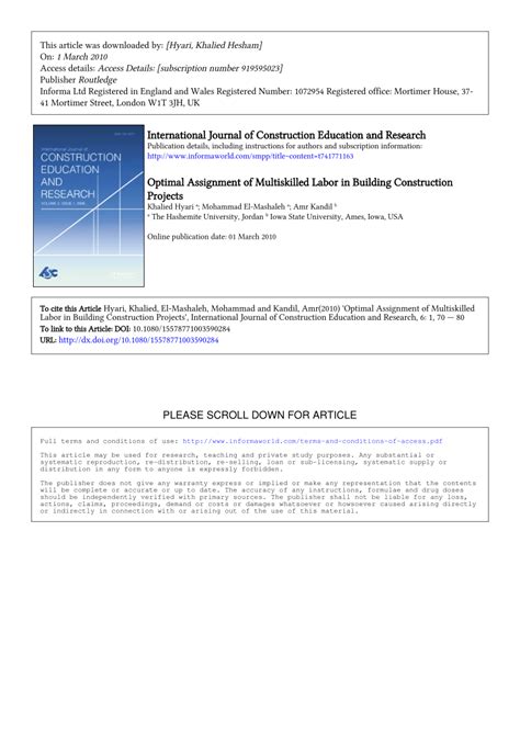 Pdf Optimal Assignment Of Multiskilled Labor In Building Construction Projects