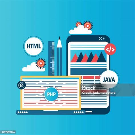 웹 개발자 개념에 대한 랩톱 및 스마트폰의 코딩 및 프로그래밍 앱 노트북에 대한 스톡 벡터 아트 및 기타 이미지 노트북