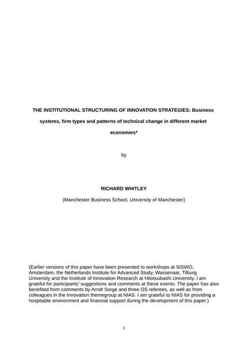 Pdf The Institutional Structuring Of Innovation Strategies Business Systems Firm Types And