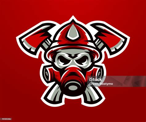 아이콘 마스코트 소방 관입니다 치명적인 작업 위험한 직업 해골 해골 십자가 마스크 구조 대 개 교 복 벡터 일러스트 레이 션 구조에 대한 스톡 벡터 아트 및 기타 이미지