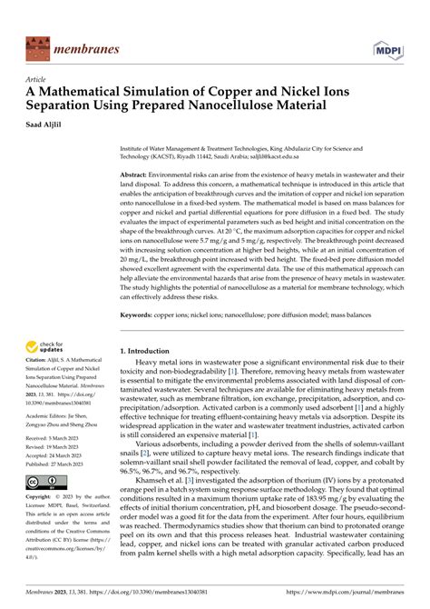Pdf A Mathematical Simulation Of Copper And Nickel Ions Separation