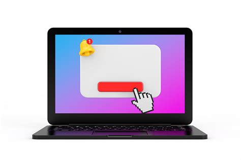 노트북 화면에 만화 소셜 미디어 알림 벨 및 새 메시지 아이콘 푸시 버튼 및 픽셀 손 커서가있는 빈 알림 팝업 3d 렌더링 Brand Name Online Messaging