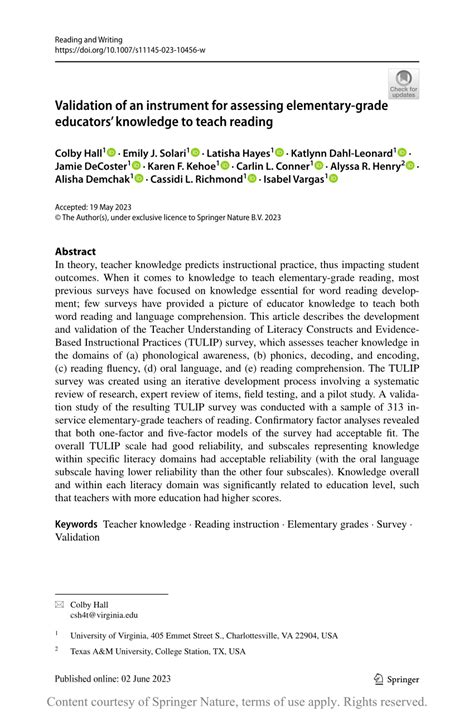 Validation Of An Instrument For Assessing Elementary Grade Educators Knowledge To Teach Reading