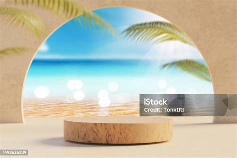 팜 비치와 푸른 하늘 추상적인 배경에 제품 전시 프리젠테이션을 위한 복사 공간이 있는 3d 연단 열대 여름과 휴가 개념 0명에 대한 스톡 사진 및 기타 이미지 Istock