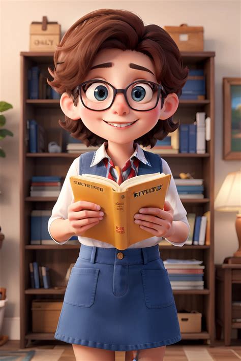 فتاة كرتونية ترتدي نظارة تقرأ كتابًا في الغرفة Seaart Ai