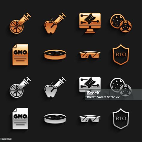 박테리아 Gmo 바이오 건강 식품을 위한 방패 실험실 안경 유전 공학 수정 유전자 변형 오렌지 및 사과 아이콘이 있는 페트리