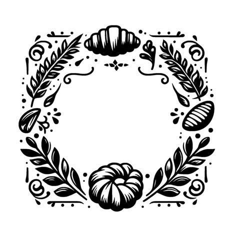 Black And White Decorative Floral And Food Border With A Square