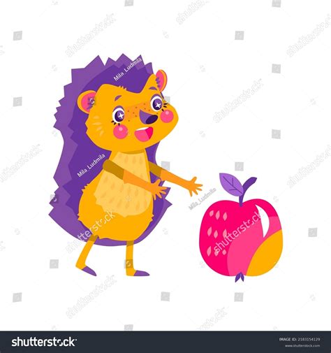 Cute Hedgehog Reaching Apple Character Design Stock Vector Royalty Free Shutterstock