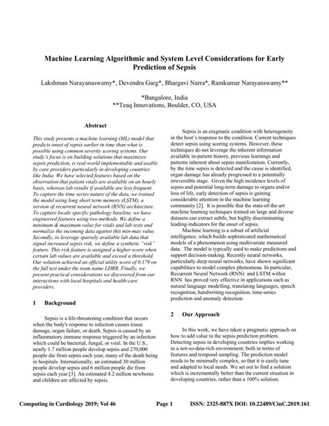 PDF Machine Learning Algorithmic And System Level Considerations For Early Prediction Of Sepsis