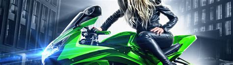 Download Wallpaper Girl Bike Blonde Section Girls In Resolution 3200x900