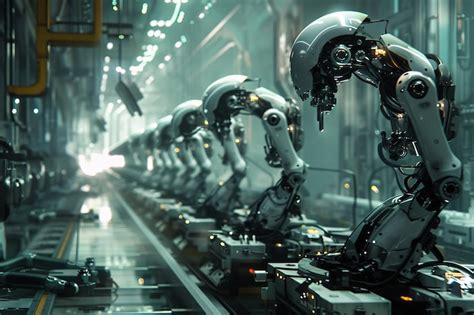 A Hightech Robotics Assembly Line Sleek Robotic Arms Move With