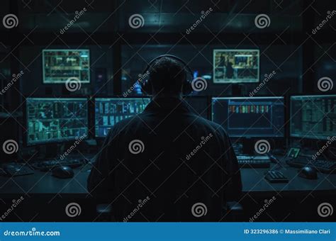 Programmer Working Late At Night On Computer In Dark Office Room Stock Illustration