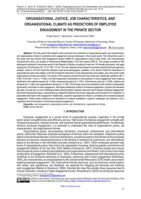 Pdf Organizational Justice Job Characteristics And Organizational Climate As Predictors Of