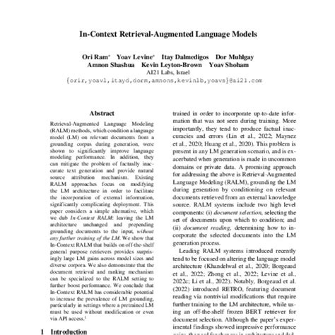 In Context Retrieval Augmented Language Models Acl Anthology