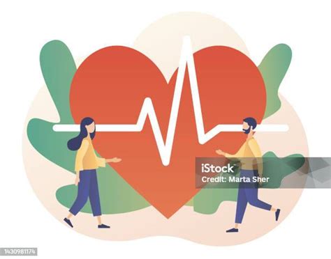맥박수를 가진 큰 심장 심장학 치료 및 검진 심장 건강과 질병 의료 개념 현대 플랫 만화 스타일 흰색 배경에 벡터 일러스트 레이