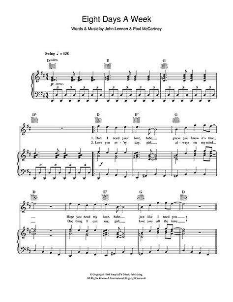 The Beatles Eight Days A Week Sheet Music Notes Sheet Music The