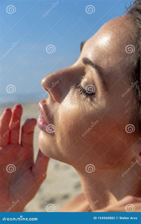 Lovely Brunette Bikini Model Relaxing On The Beach Stock Photo Image Of Feminine Adult