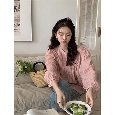 프렌치 스타일 레트로 레이스 긴 소매 셔츠 여성 젠틀 랜턴 슬리브 세련된 틈새 스타일 상의 허니 핑크 패어리 플리츠 AliExpress