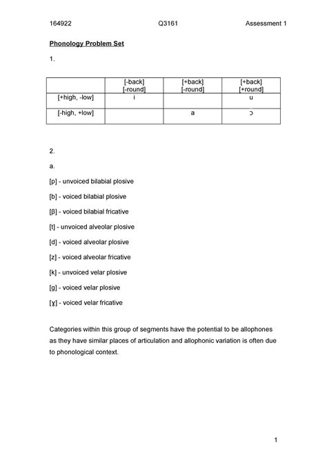Phonology problem set - 164922 Q3161 Assessment 1 Phonology Problem Set ...