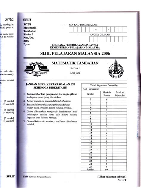 Additional Mathematics Spm P1 2006 Pdf