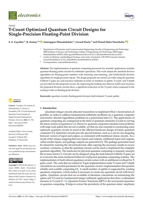Pdf T Count Optimized Quantum Circuit Designs For Single Precision Floating Point Division