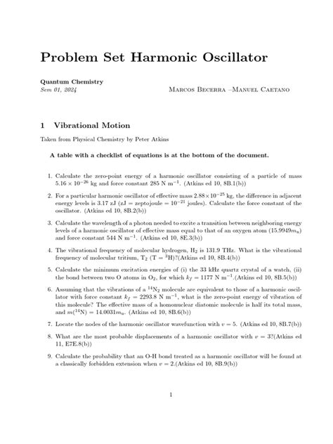 Exercises Set 05 Vibrational Motion Pdf Molecules Oscillation