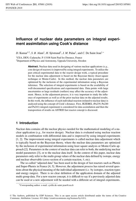 Pdf Influence Of Nuclear Data Parameters On Integral Experiment Assimilation Using Cooks Distance
