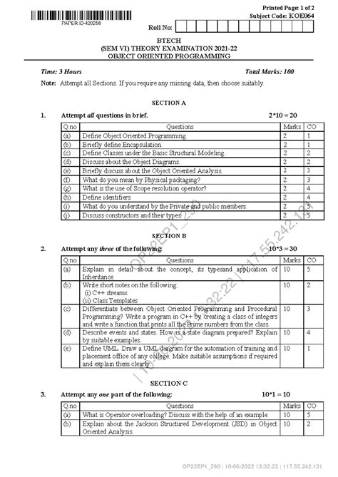 Object Oriented Programming Theory Exam Notes Koe064 Btech Sem Vi