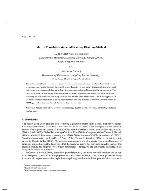 Pdf Matrix Completion Via Alternating Direction Method