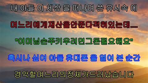 실화사연 아들이 세상 떠나며 쓴 유서에 며느리에게 재산을 안준다 적혀있는데 어머님 손주 키우려면 그 돈 필요해요 아들