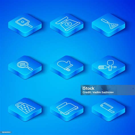 세트 라인 강판 오븐 장갑 토스터 십자형 포크와 스푼 바베큐 주걱 프라이팬 고기 다지기 아이콘 벡터 3차원 형태에 대한 스톡 벡터 아트 및 기타 이미지 Istock