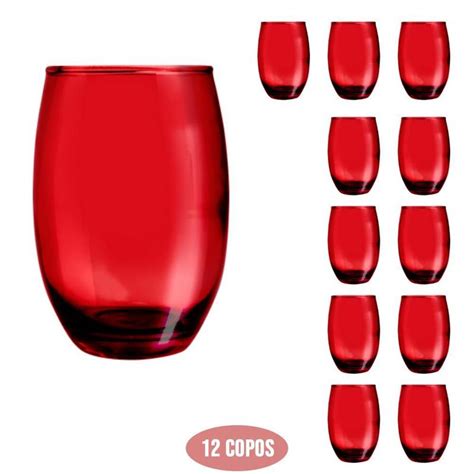 Jogo 12 Copos Grandes Bellagio Redondo 450ml Vermelho Luxo Praticasa