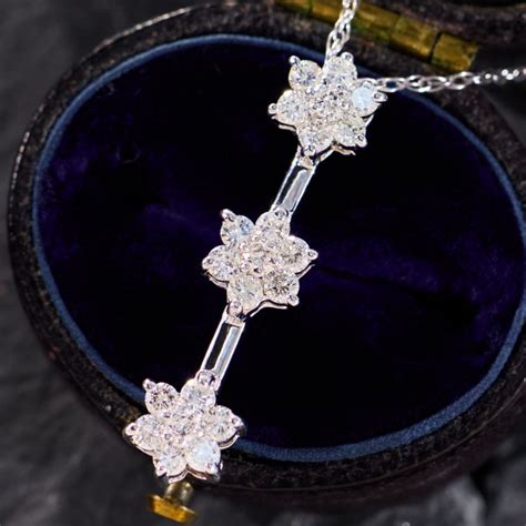 Diamond Flower Cluster Drop Pendant Necklace 14k White Gold