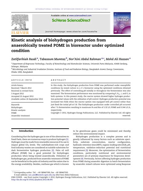 Pdf Kinetic Analysis Of Biohydrogen Production From Anaerobically Treated Pome In Bioreactor