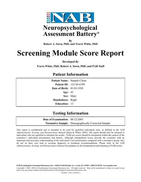 Nab Screening Module Score Report Acer