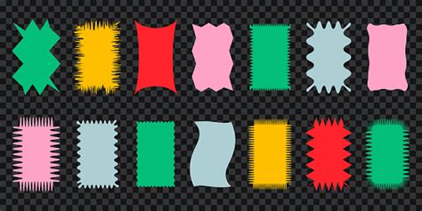 컬러 구불구불한 이야기 프레임 세트입니다 벡터 그루비 모양 지그재그 물결 모양의 가장자리 사이키델릭한 직사각형 텍스트 상자 태그 복고풍 가리비 프레임 사진 프레임 레이블 0