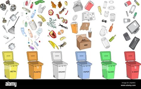 trash cans with sorted garbage set different types of garbage