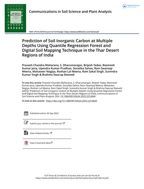 PDF Prediction Of Soil Inorganic Carbon At Multiple Depths Using Quantile Regression Forest