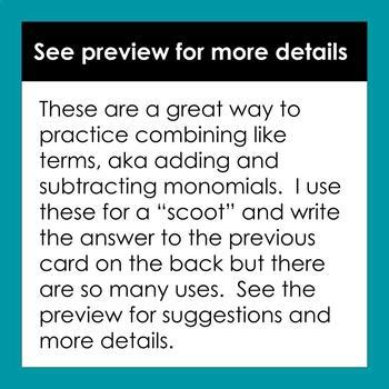 Add And Subtract Monomials Aka Combine Like Terms Task Cards TpT
