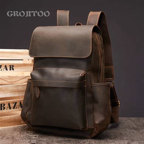 Grojitoo 크레이지 호스 가죽 남성 백팩 천연 가죽 가방 남성용 최고급 가죽 백팩 새로운 스타일백팩