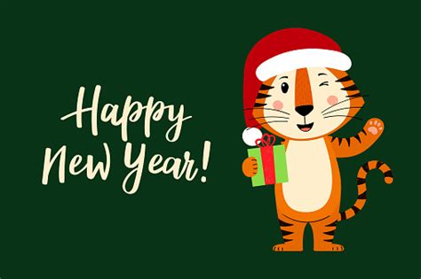 귀여운 호랑이와 크리스마스 또는 새해 카드 템플릿 중국 달력에서 올해의 상징 2022 새해 복 많이 받으신 날의 필기 텍스트 벡터 스톡 일러스트레이션입니다 0명에 대한 스톡