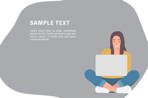 만화 사람들 문자 디자인 배너 템플릿 여자 교차 다리와 바닥에 앉아 노트북을 사용 하 여 귀여운에 대한 스톡 벡터 아트 및 기타 이미지 귀여운 노트북 노트북 사용하기