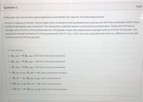 solved question 1 5 pts determine the null and alternative